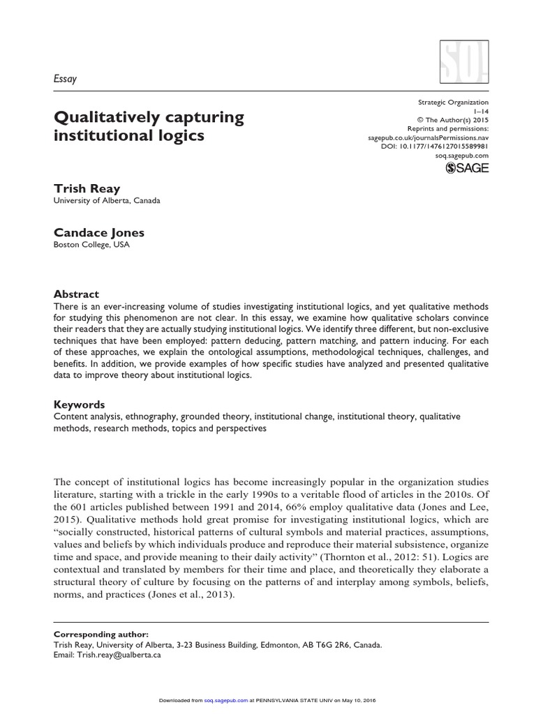 Qualitatively Capturing Institutional Logics: Trish Reay | PDF | Qualitative Research | Theory