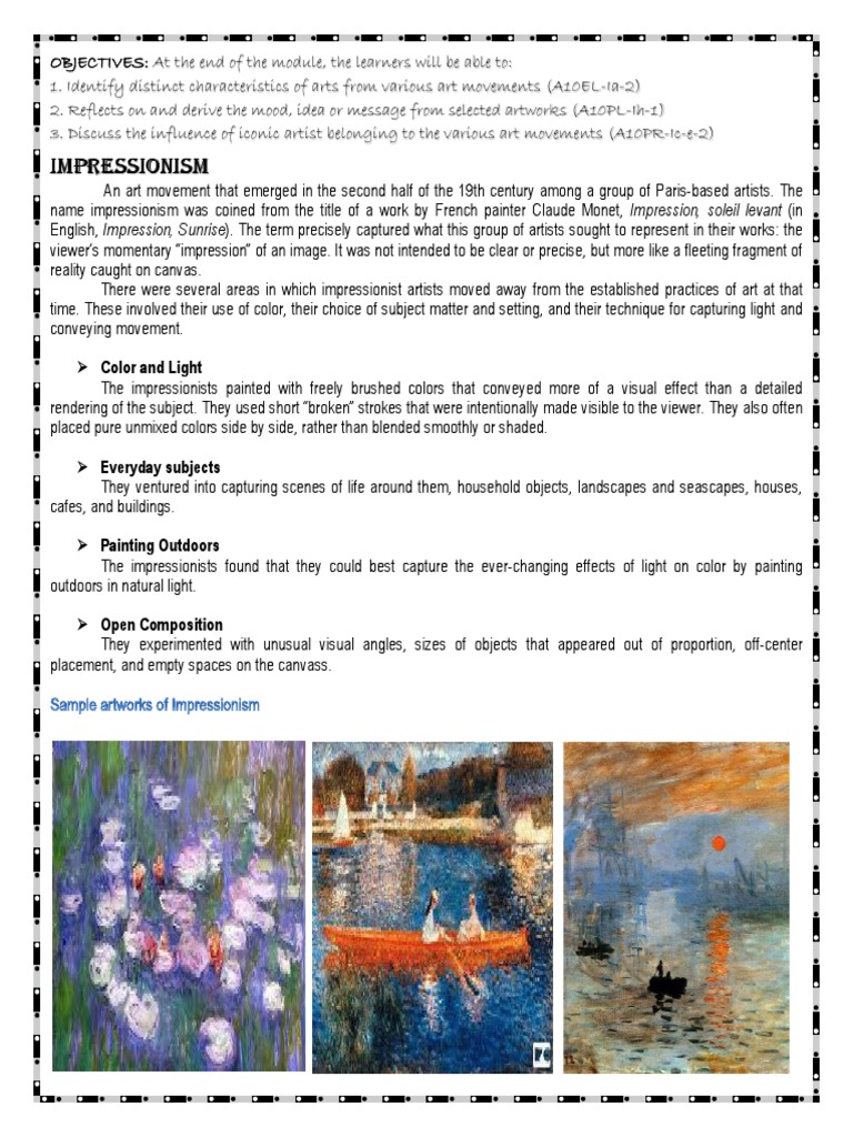 ARTS - 1stquarter - Grade 10 - Module 1 PDF | PDF | Impressionism ...