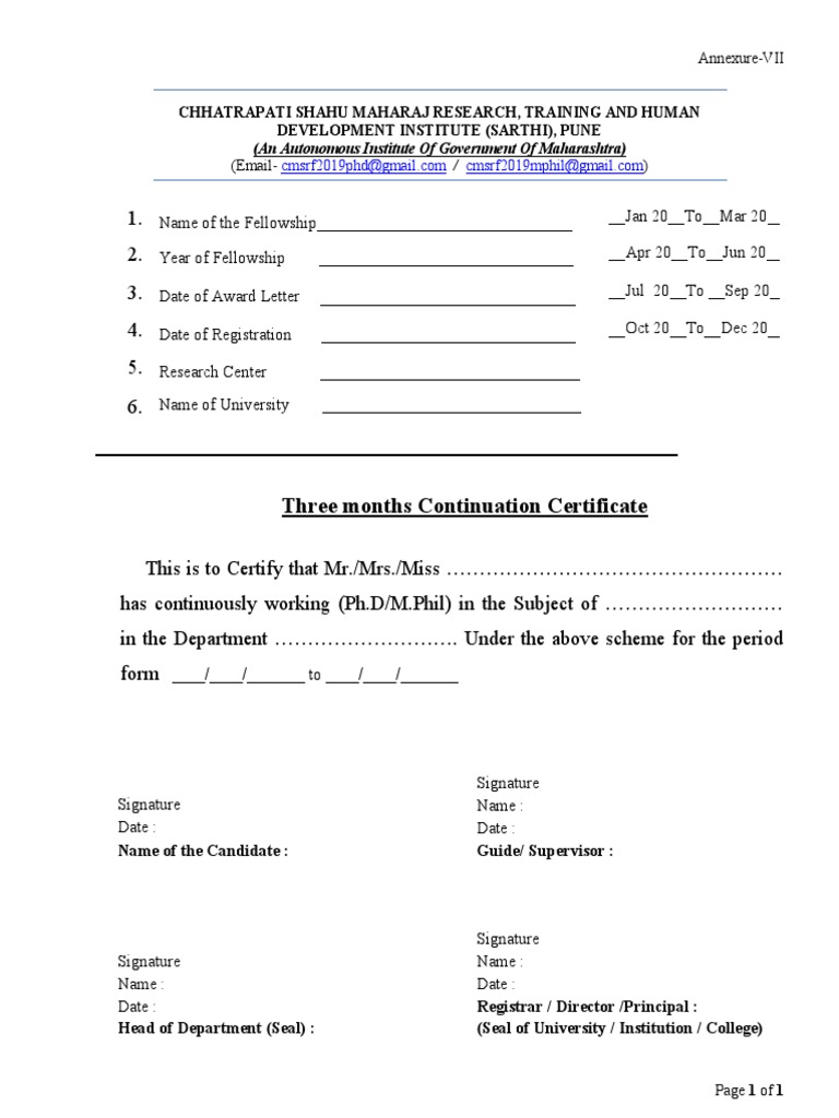 Annexure VII Continuation Certificate Form | PDF