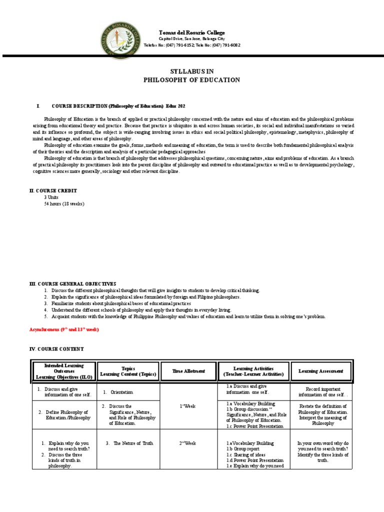 SYLLABUS EDUC 202 Philosophy | PDF | Self | Philosophy Of Education