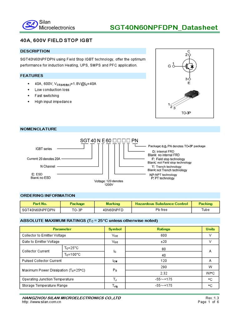 SGT40N60NPFDPN - Datasheet: 40A, 600V Field Stop Igbt | PDF | Diode | Electrical Resistance And ...