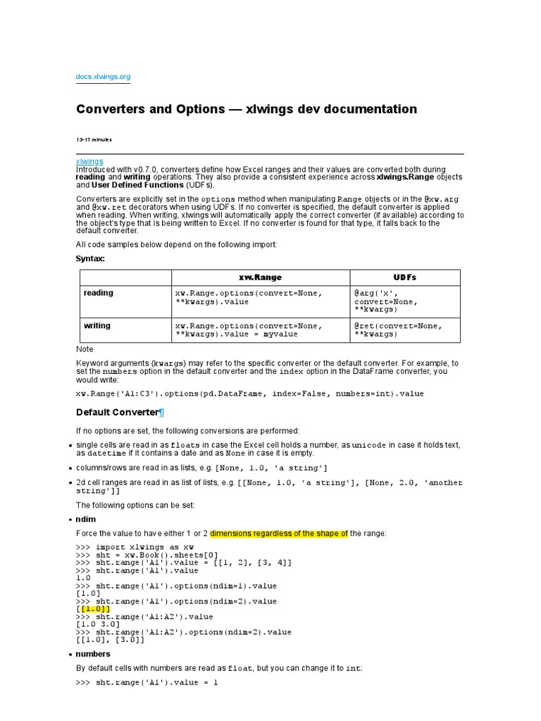 Converters and Options - Xlwings Dev Documentation PDF | PDF ...