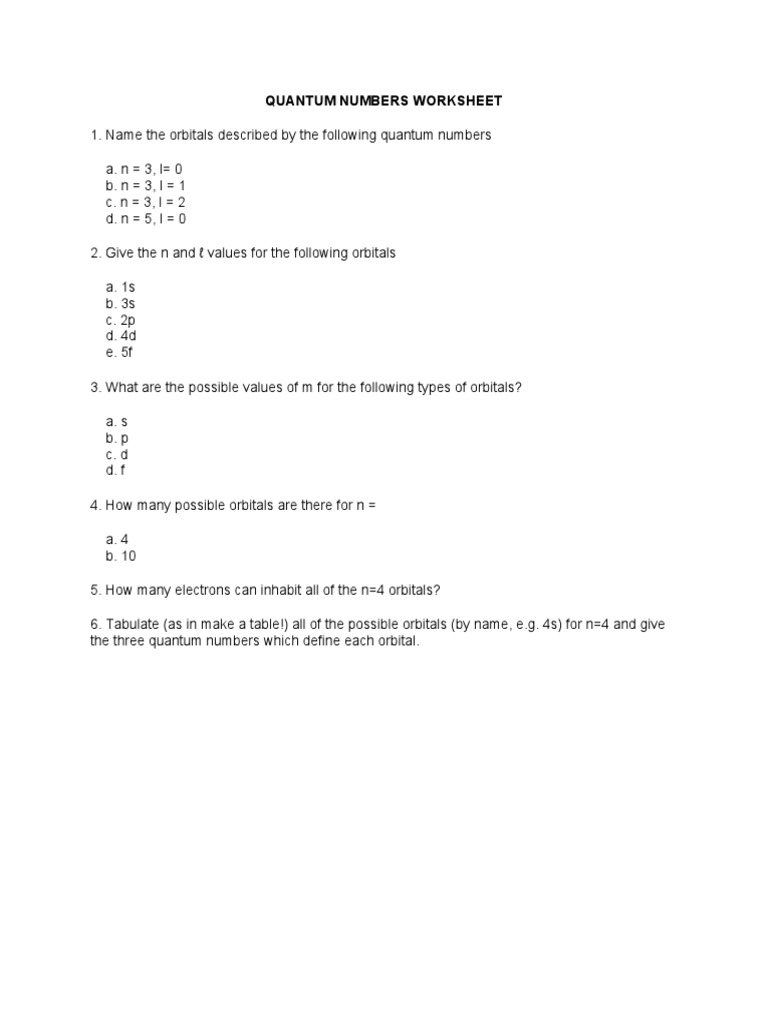 Quantum Numbers Worksheet | PDF