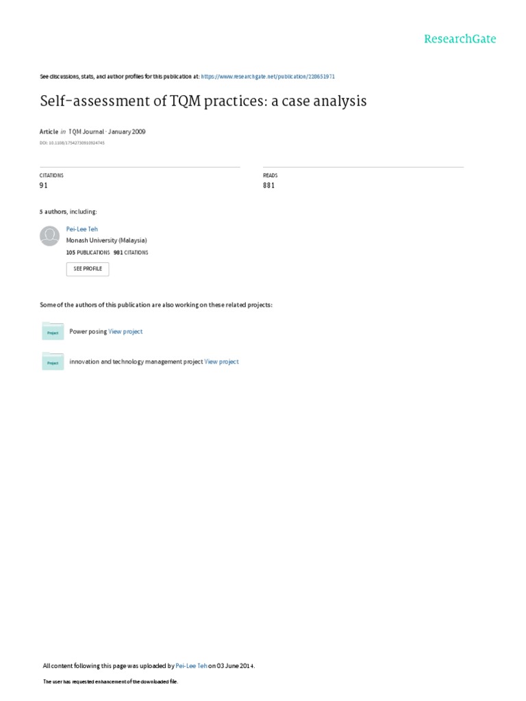 Self-Assessment of TQM Practices: A Case Analysis | PDF | Factor Analysis | Survey Methodology