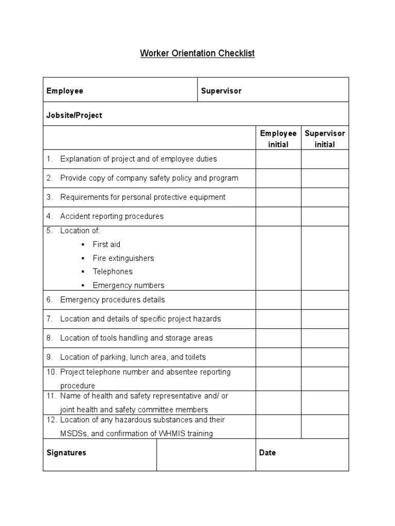 Worker Orientation Checklist: Employee Supervisor Jobsite/Project ...