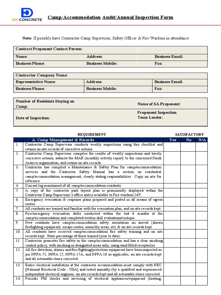 Camp/Accommodation Audit/Annual Inspection Form: A. Camp Management ...