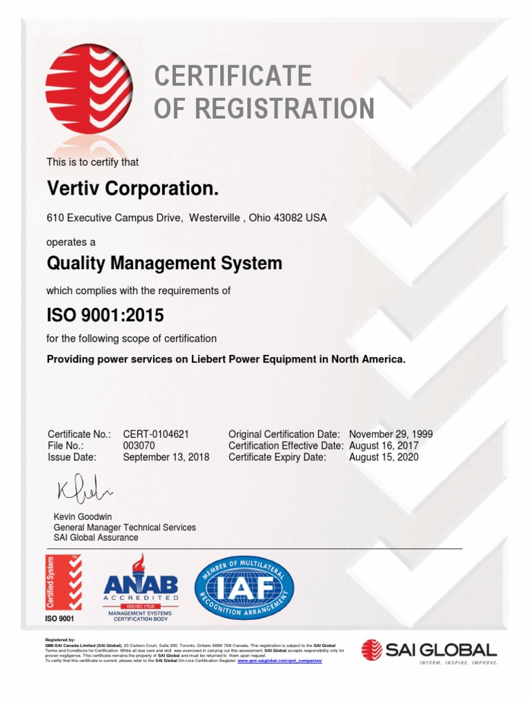Vertiv Services Iso 9001-2015 Cert 265735 0 | PDF