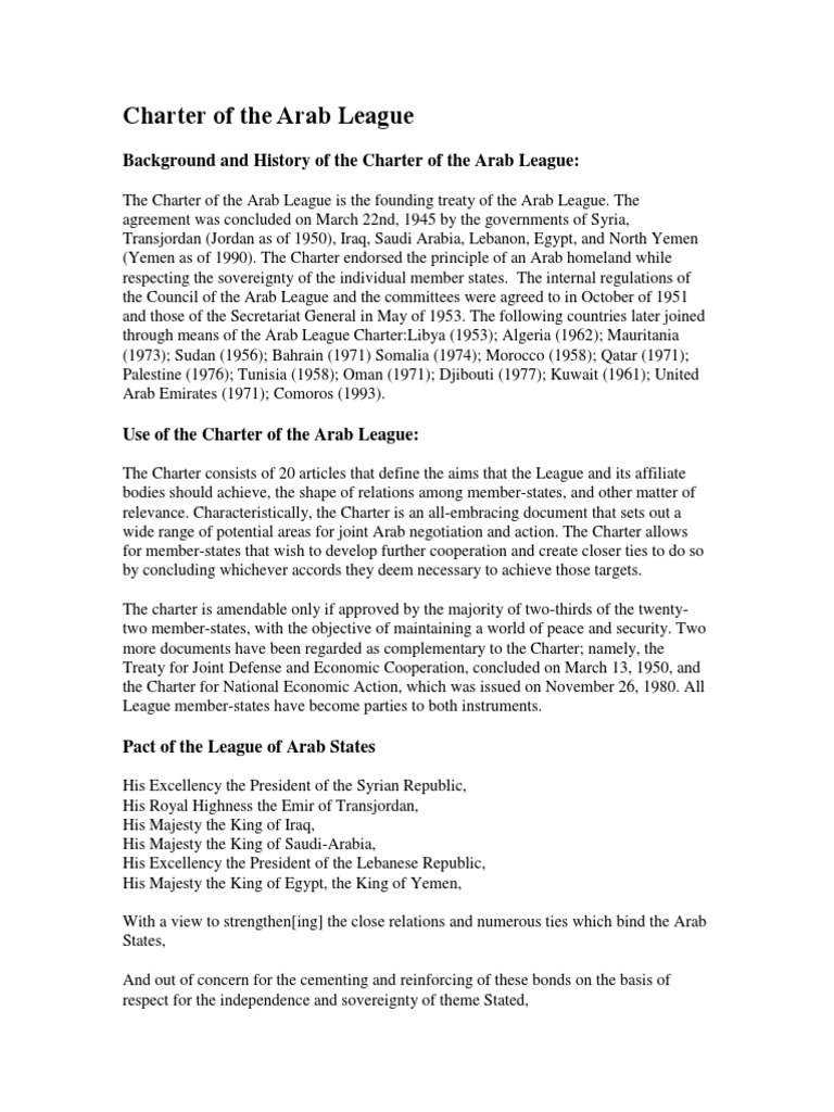 Charter of The Arab League | PDF | Arab League | Treaty
