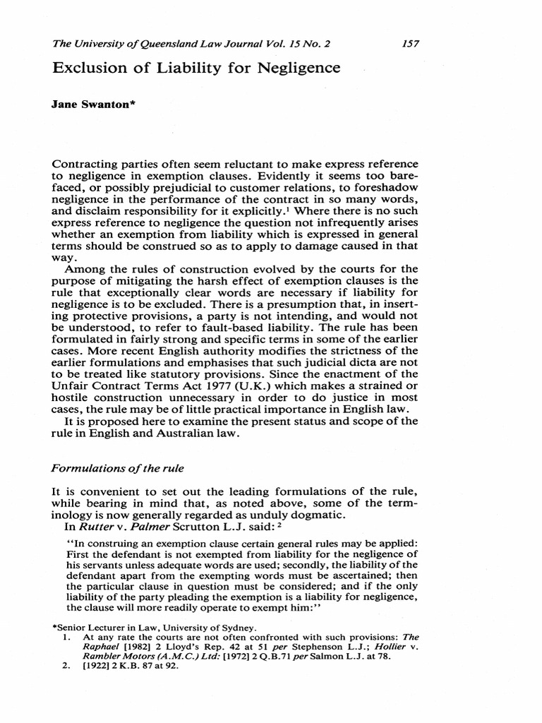 Exclusion of Liability For Negligence | PDF | Negligence | Tort
