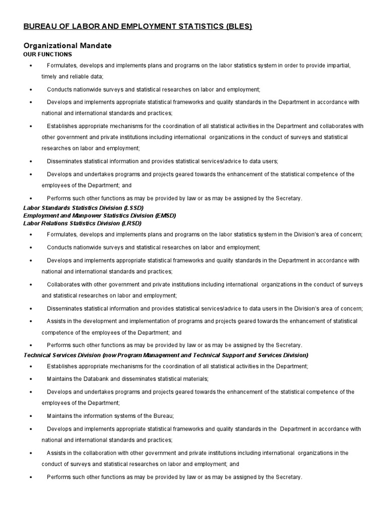 Bureau of Labor and Employment Statistics (Bles) Organizational Mandate ...