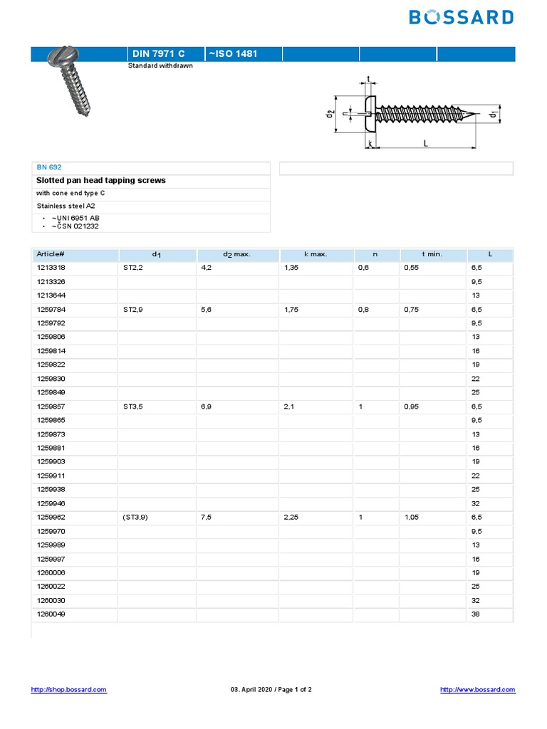 DIN 7971 C ISO 1481: Slotted Pan Head Tapping Screws | PDF