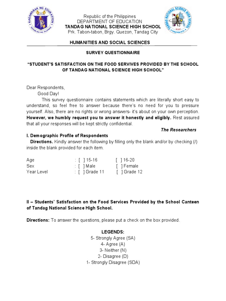 Survey Questionnaire "Student'S Satisfaction On The Food Servives ...