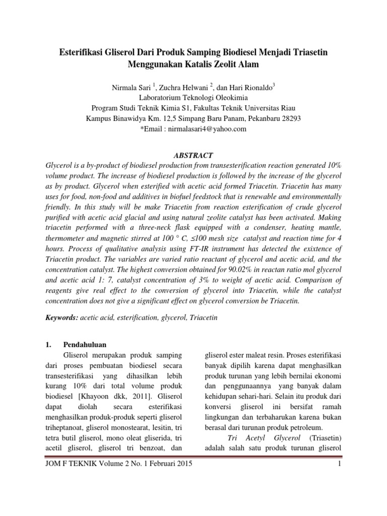 Esterifikasi Glycerol Menjadi Triasetin | PDF | Catalysis | Fuels