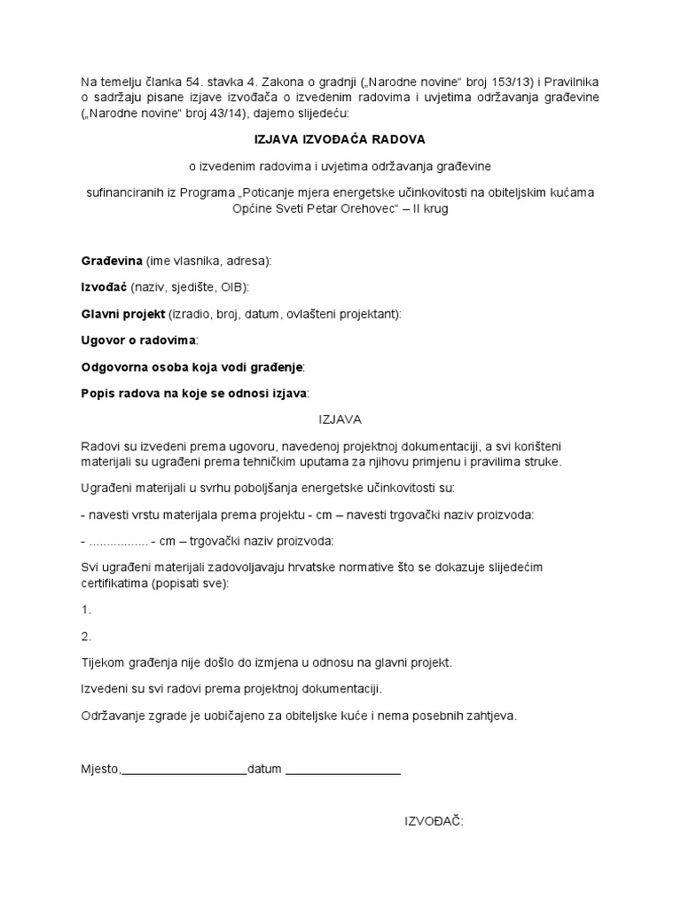 IZJAVA IZVOĐAČA RADOVA - II Krug | PDF