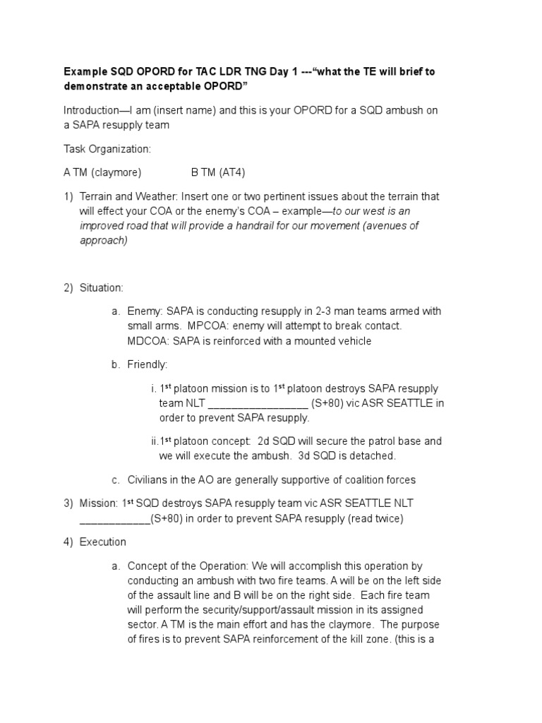 Example SQD OPORD For TAC LDR TNG Day 1 - "What The TE Will Brief To ...