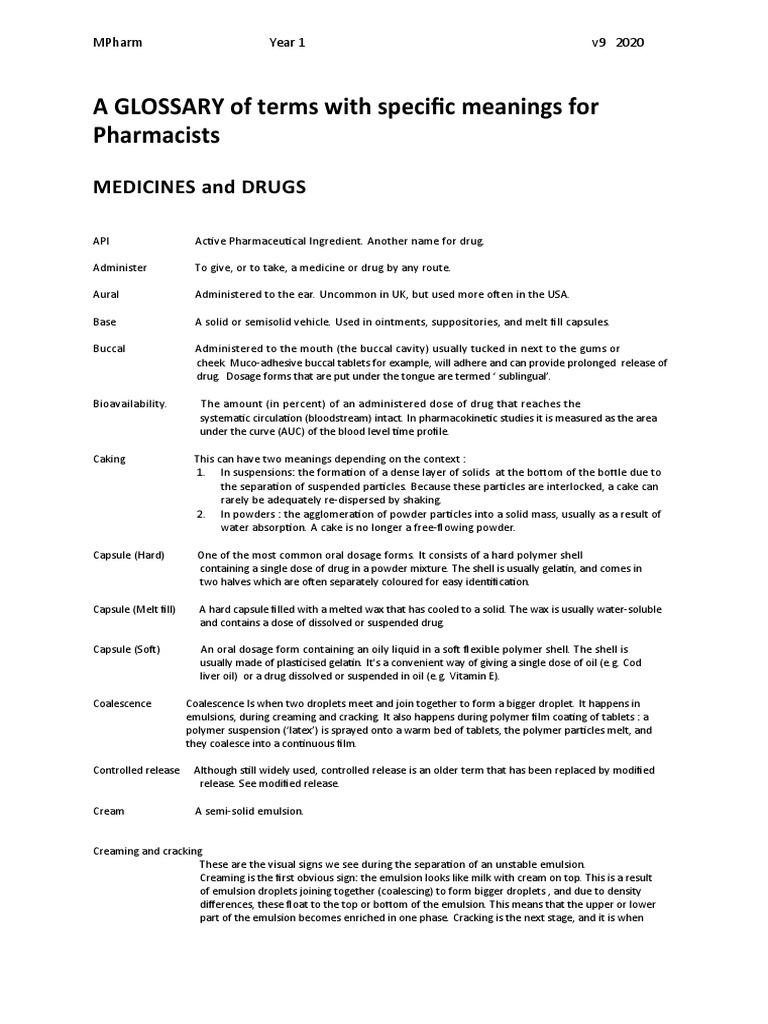 GLOSSARY of Terms With Specific Meanings For Pharmacists v9 2020 | PDF ...