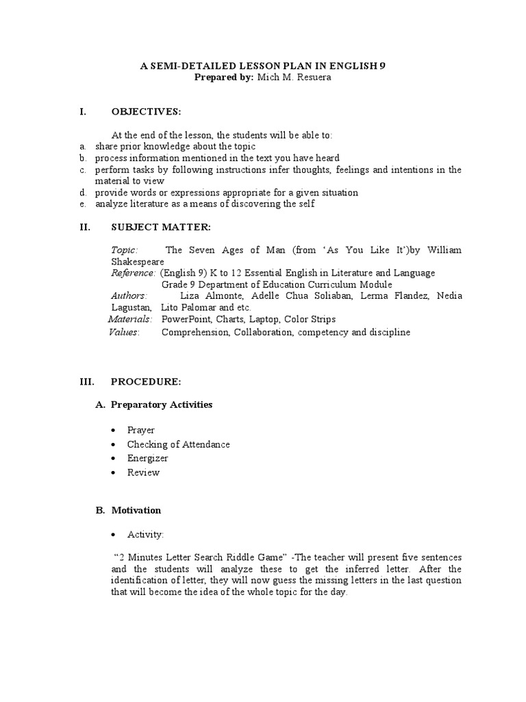 Semi-Detailed Lesson Plan Literature | PDF | Reading Comprehension ...