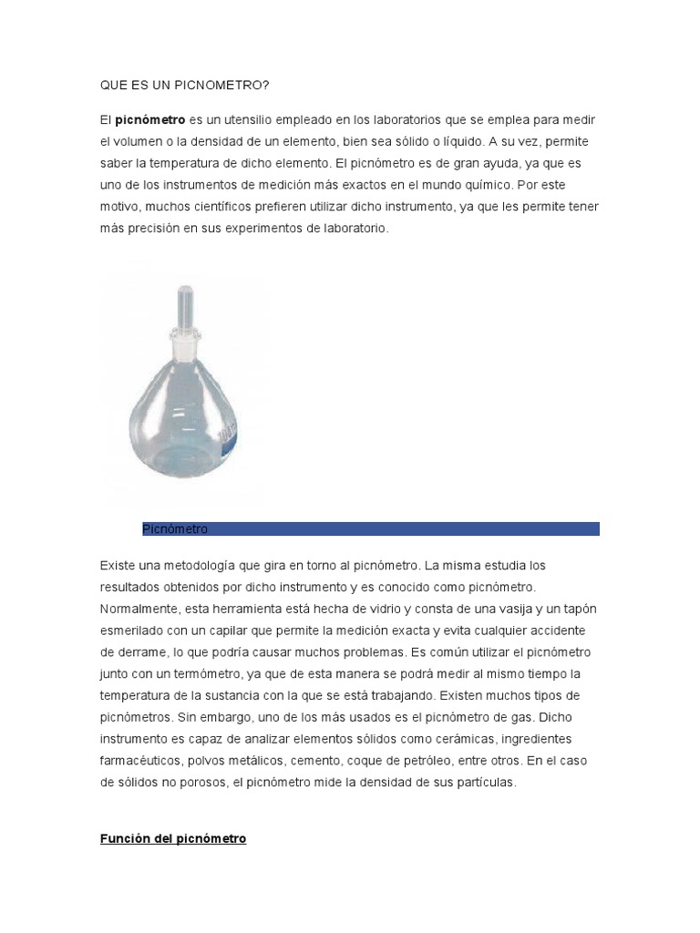 Que Es Un Picnometro | PDF | Laboratorios | Densidad