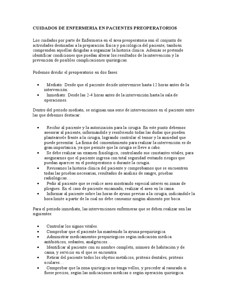 Cuidados de Enfermeria en Pacientes Preoperatorios | PDF | Cirugía | Temor