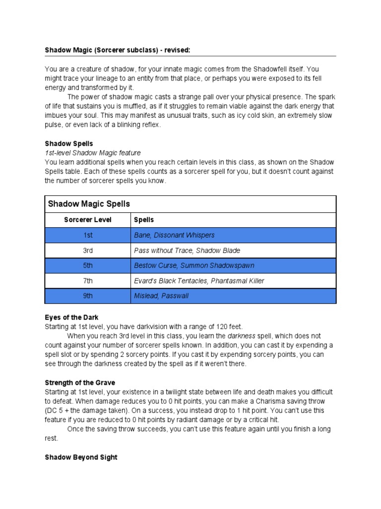 Shadow Magic (Sorcerer Subclass) - Revised | PDF | Magician (Fantasy ...