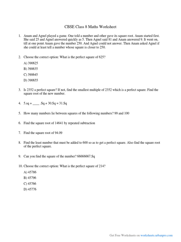 Class 8 Maths: Square and Roots Worksheet | PDF | Number Theory | Algebra