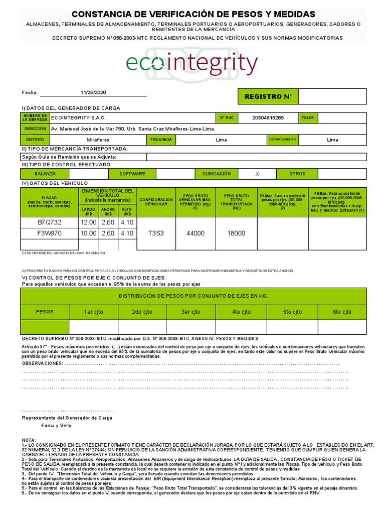Formato Pesos y Medidas | PDF | Eje | Ingeniería de Transporte
