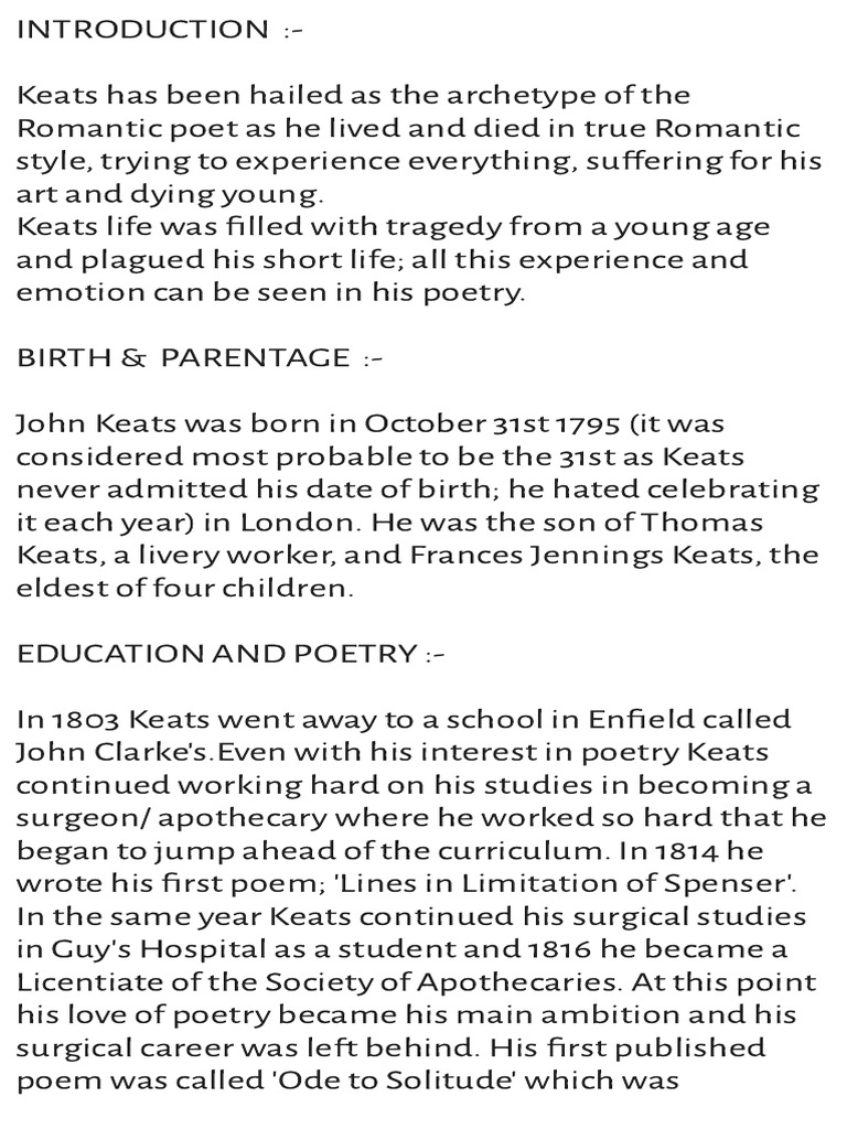 Biography of John Keats | PDF | John Keats | Poetry