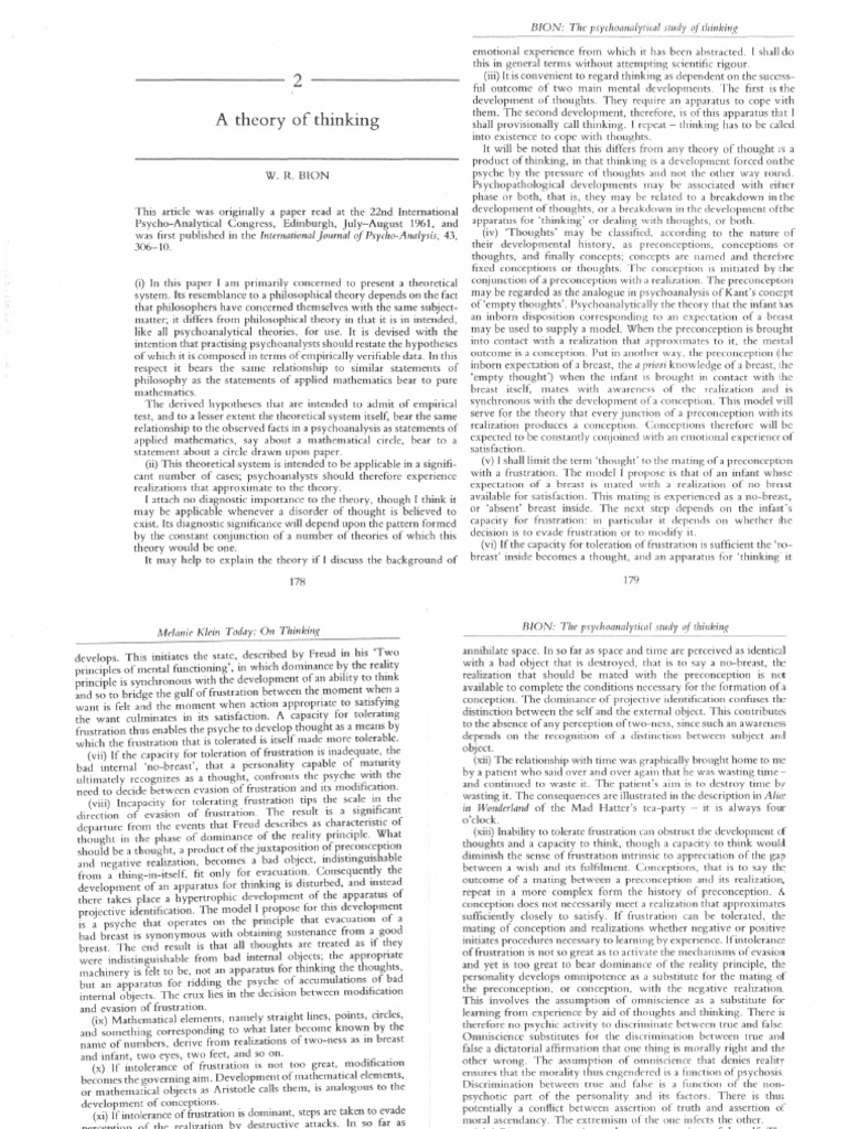 Bion A Theory of Thinking PDF | PDF | Psychoanalysis | Thought