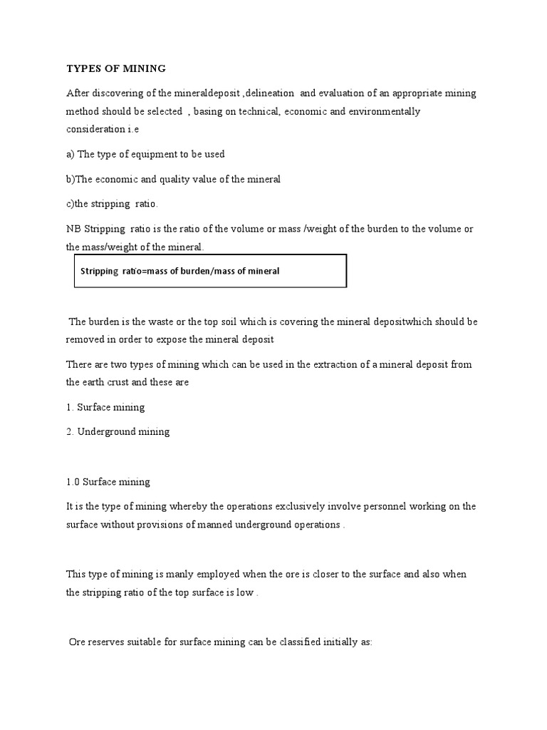 Types of Mining: Stripping Ratio Mass of Burden/mass of Mineral | PDF ...