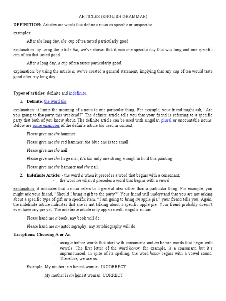 DEFINITION: Articles Are Words That Define A Noun As Specific or ...