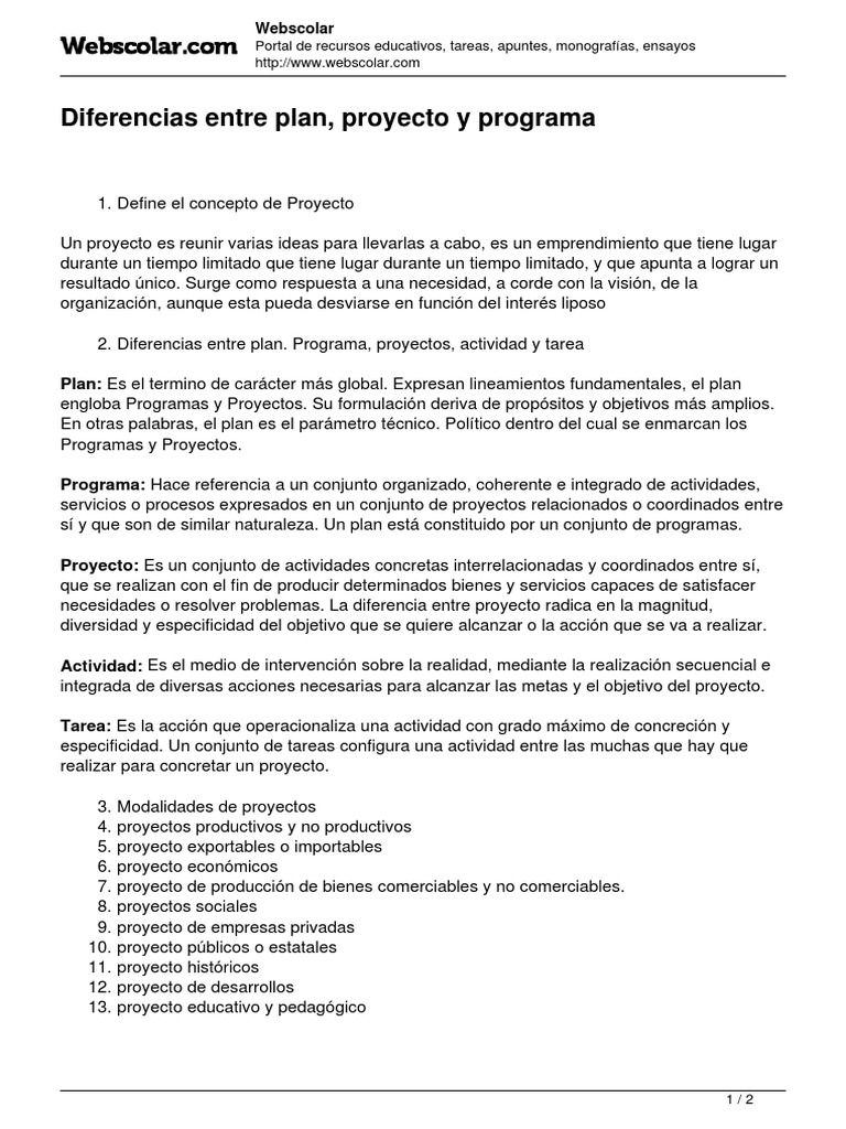 Diferencias Entre Plan Proyecto y Programa | PDF | Bienes | Iniciativa ...
