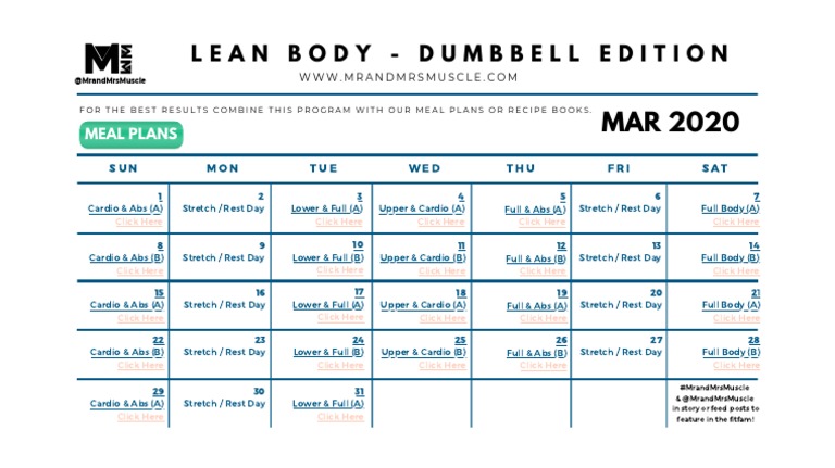 Lean Body Dumbbell Workout Calendar - MAR 2020 | PDF | Physical Fitness ...