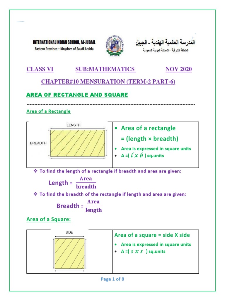 Class 6 Maths Notes Term 2 - Part 6 (Mensuration) | PDF | Area | Length