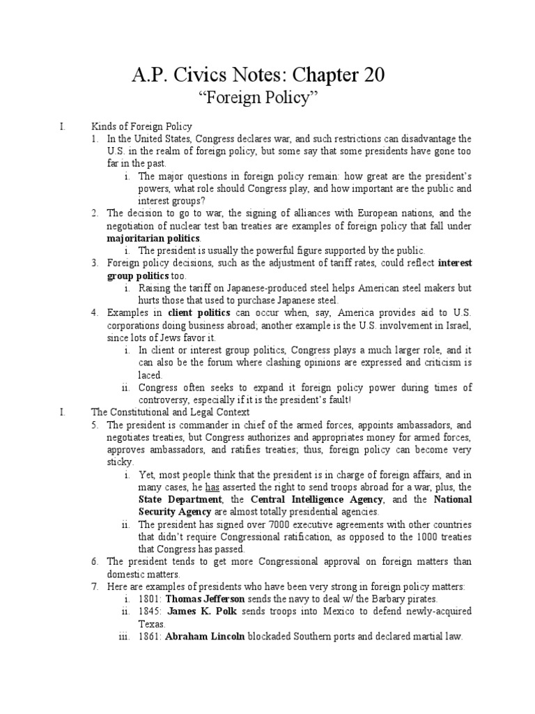 A.P. Civics Notes: Chapter 20: "Foreign Policy" | PDF | Presidents Of ...