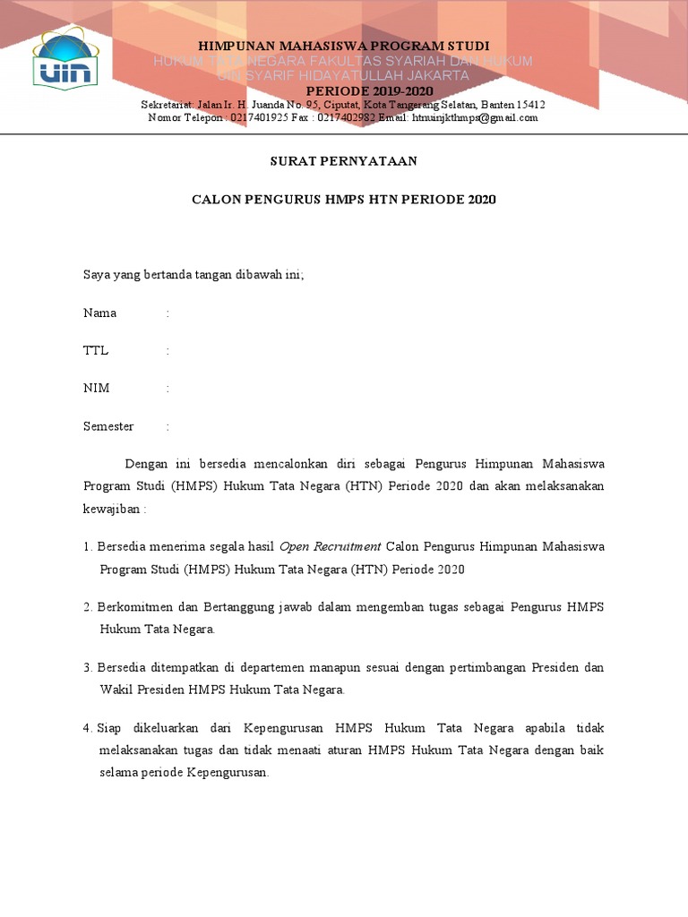 Surat Pernyataan Calon Pengurus HMPS | PDF