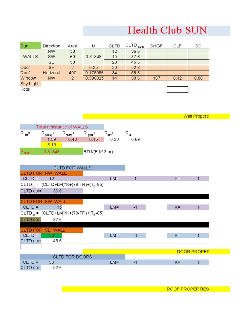 Health Club SUN Load Estimation: Total Resistance of WALLS | PDF ...