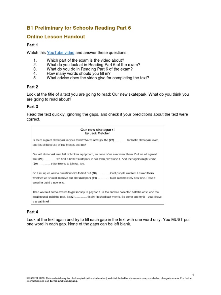 B1 Preliminary For Schools Reading Part 6 - Teaching Online Handout
