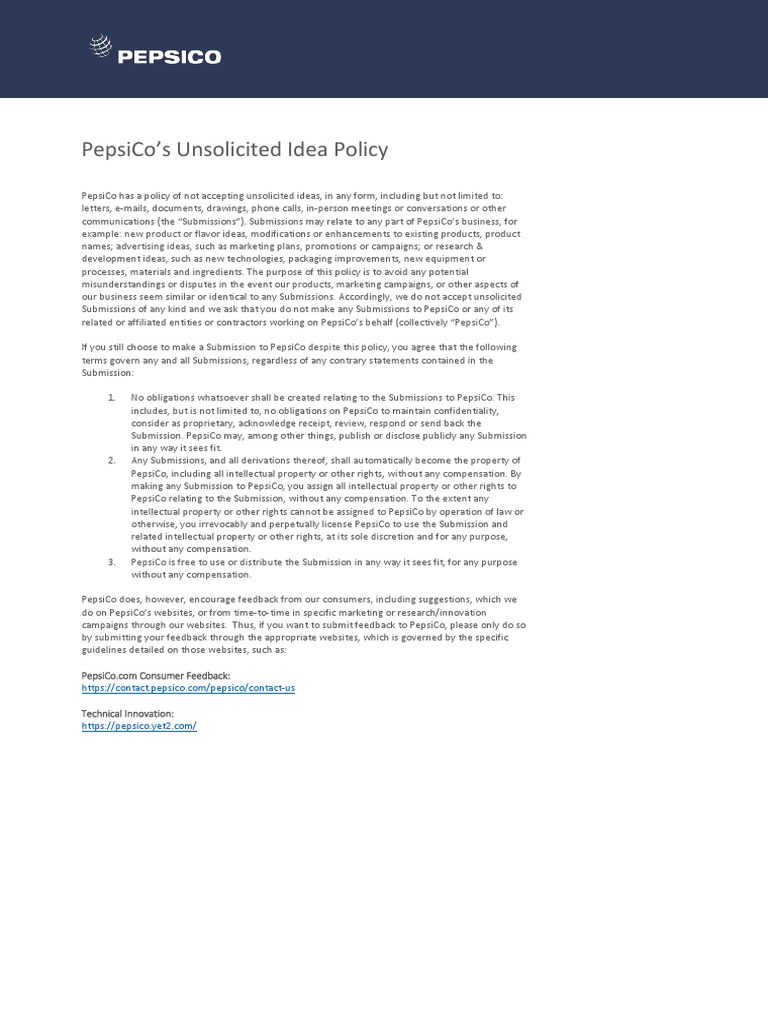 Pepsico'S Unsolicited Idea Policy | PDF | Intellectual Property | Pepsi Co