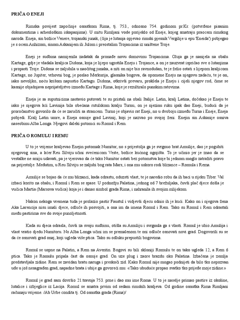 Priče o Postanku Rima - Eneja I Romul I Rem | PDF