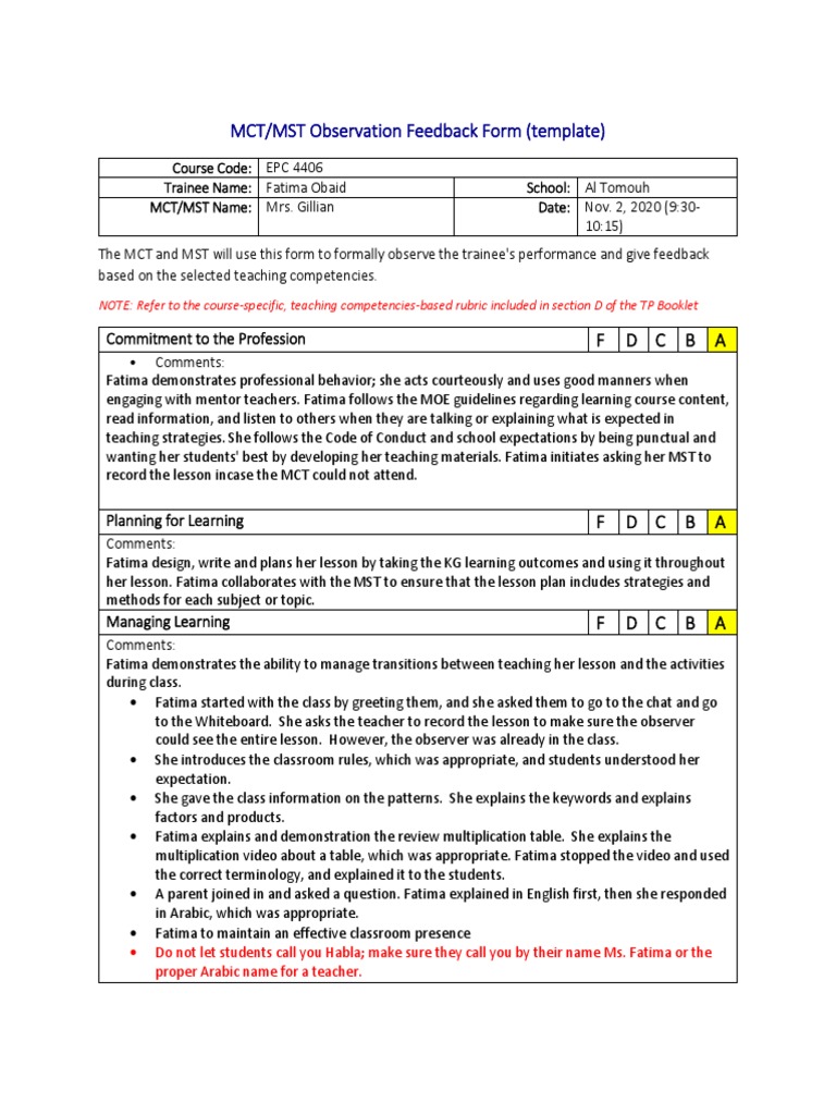 Fatima Obaid MCT Observation 4 | PDF | Teachers | Question