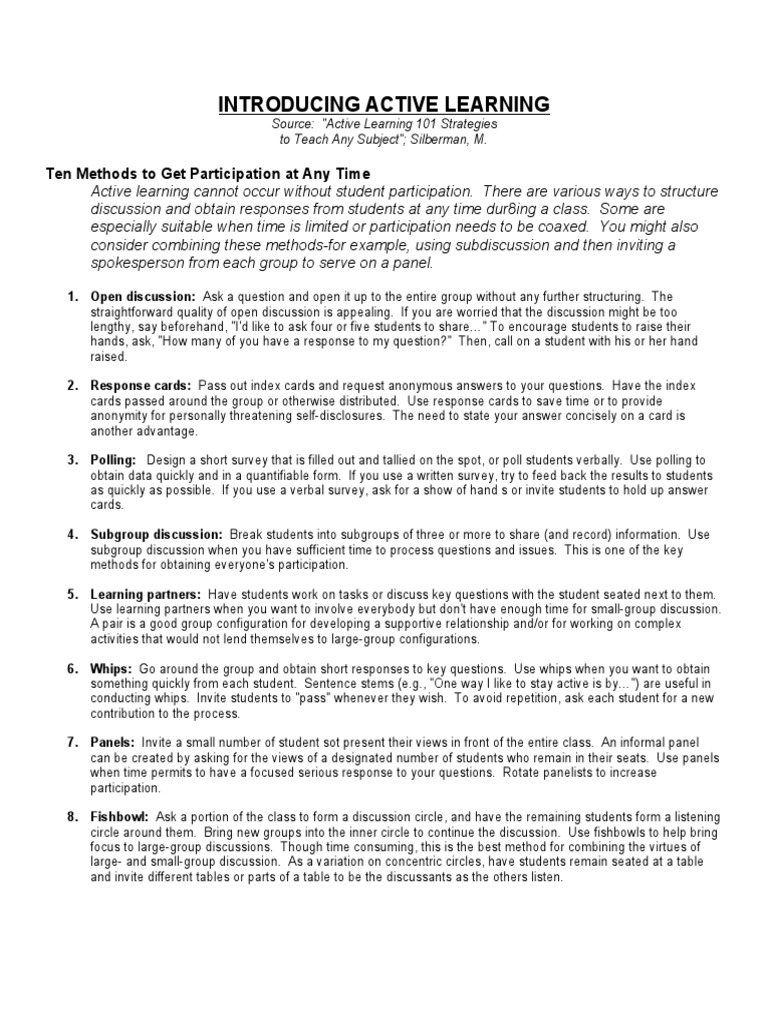Introducing Active Learning: Ten Methods To Get Participation at Any ...