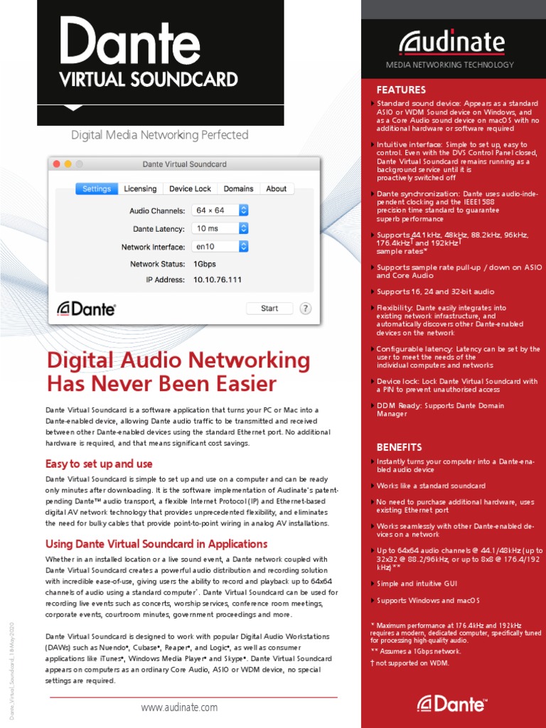 Audinate Dante Virtual Soundcard Datasheet en | PDF | Digital Audio ...