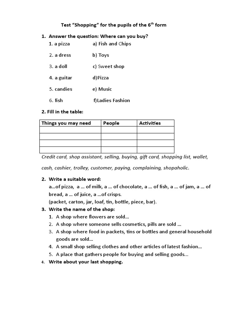 Test "Shopping" For The Pupils of The 6 Form 1. Answer The Question ...