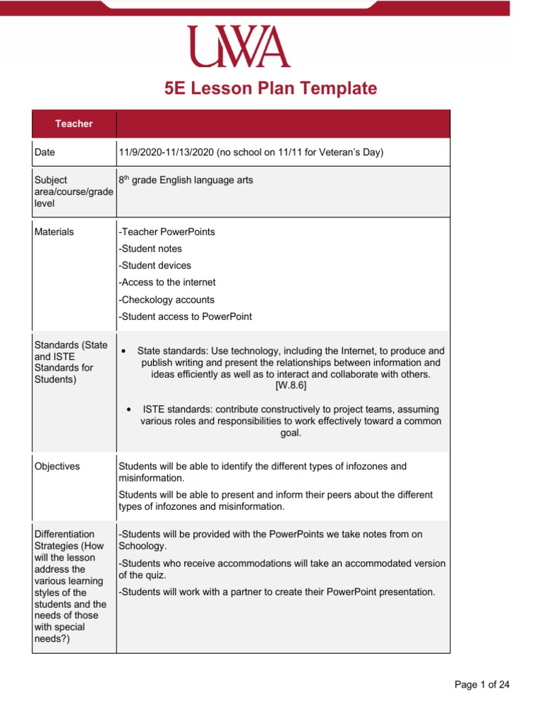 5E Lesson Plan for 8th Grade ELA | PDF | Lesson Plan | Behavior ...