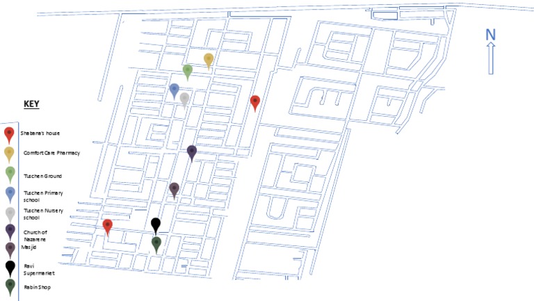 A map of key locations in the town of Tuschen including residential ...