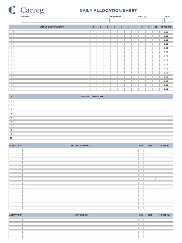 Daily Allocation Sheet: Site Name Site Reference Date & Day WK No | PDF ...