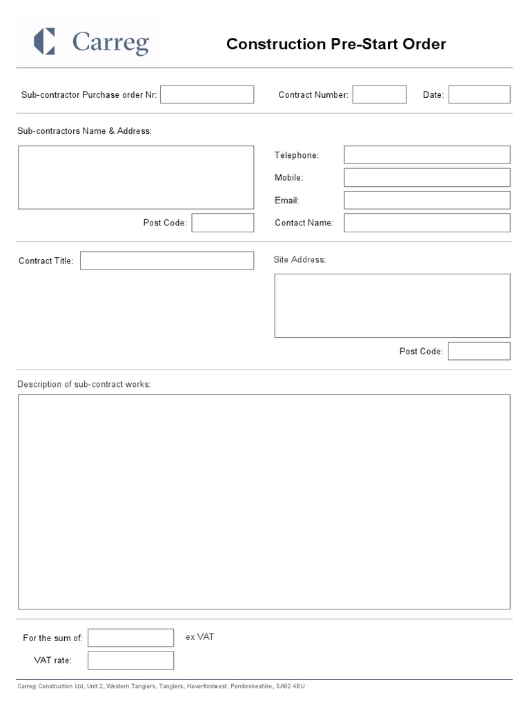 Construction Pre-Start Order: Sub-Contractor Purchase Order NR ...