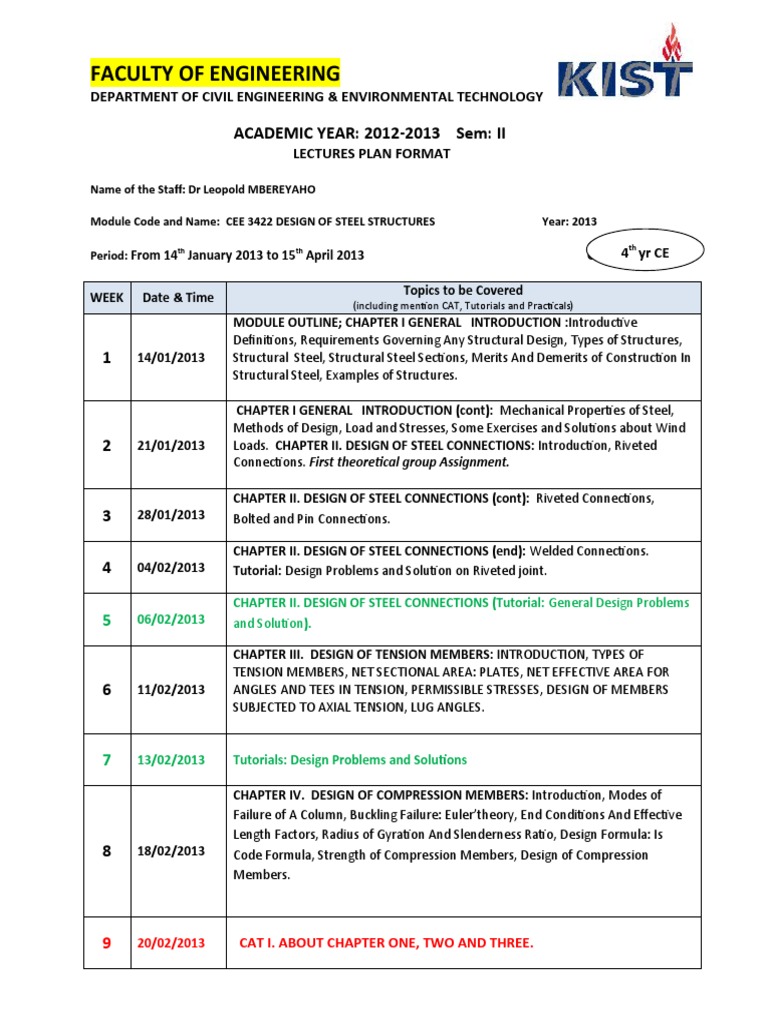 LECTURE PLAN FORMAT - CEE 3422 Design of Steel Structures (2012-2013 ...