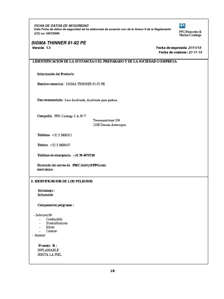 Msds Thinner 91-92 PE | PDF | Química | Ciencias fisicas