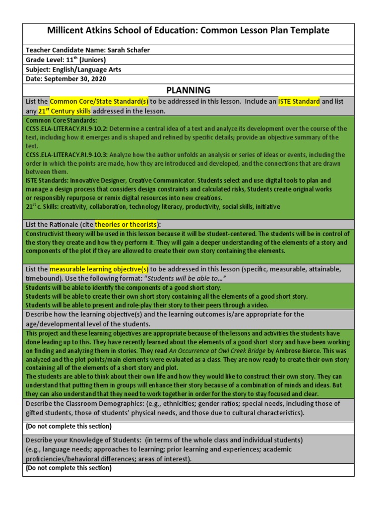 Millicent Atkins School of Education: Common Lesson Plan Template | PDF ...